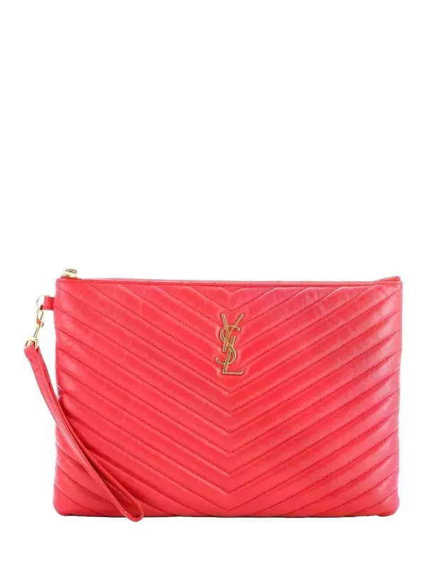 Saint Laurent Classic Monogram Matelasse Chevron Leather Wristlet Pouch - Red