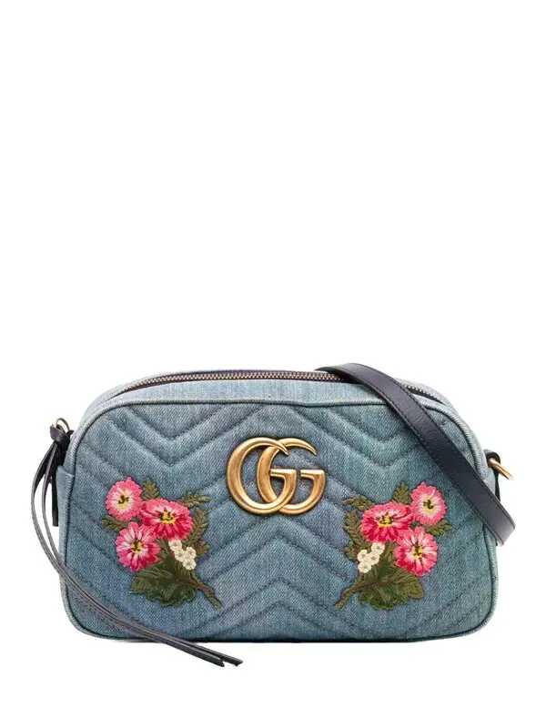 Gucci Gg Marmont Embroidered Matelassé Denim Crossbody Bag - Blue