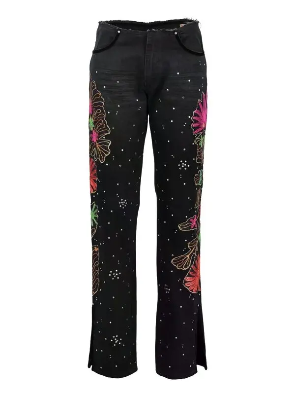 VOYAGE ET CIE Embroidered Rhinestone Jeans - Black