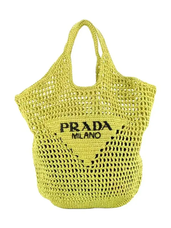 Prada Triangle Logo Raffia Tote - Green