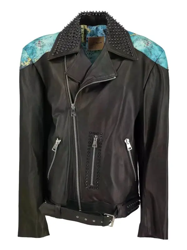 Vintage Patterned Studded Biker Jacket - Black