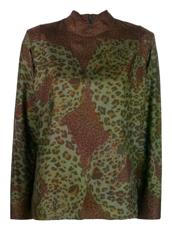 Saint Laurent 1980s Leopard Print Silk Blouse - Green