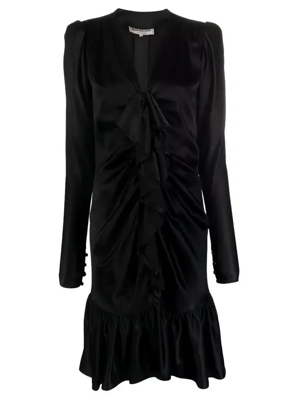 Saint Laurent 1970s Ruffled Front Long-sleeved Silk Dress - Black