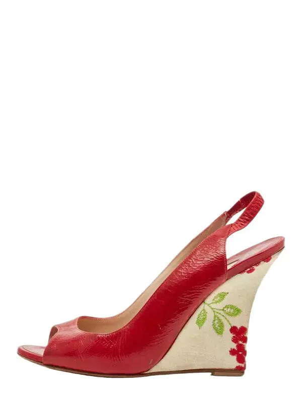 Manolo Blahnik Patent Leather Floral Wedge Sandals - Red