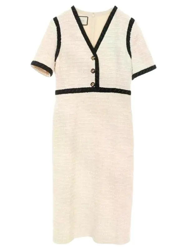 Gucci 2010s Interlocking G Buttons Tweed Midi Dress - Neutrals