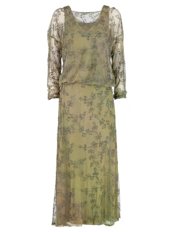 Vintage Floral-embroidered Dress - Green