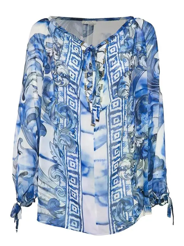 Versace Barocco-print Lace-up Blouse - Blue
