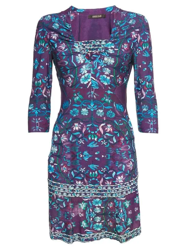 Roberto Cavalli Floral-print Three-quarter Sleeve Dress - Purple