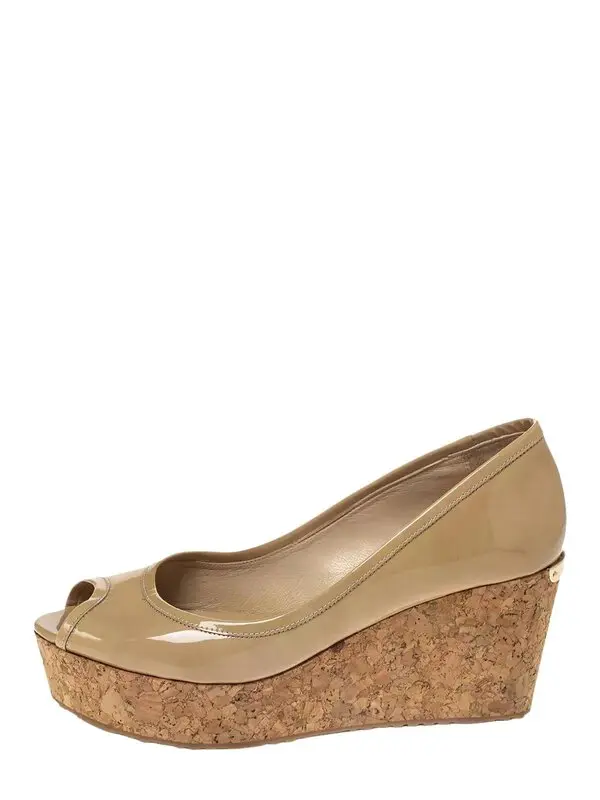 JIMMY CHOO 75mm Patent Leather Cork Wedge Pumps - Neutrals