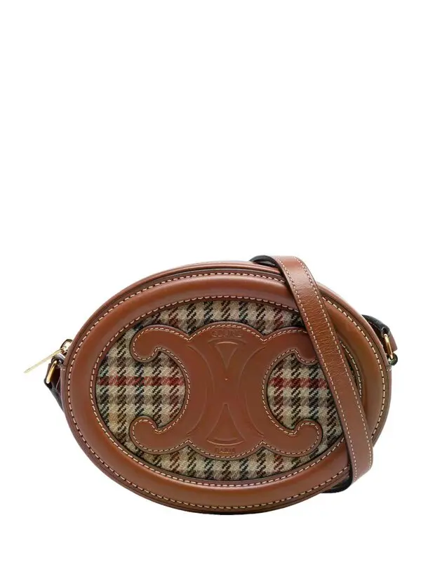 Celine Small Houndstooth Canvas And Cuir Triomphe Oval Crossbody Bag - Brown