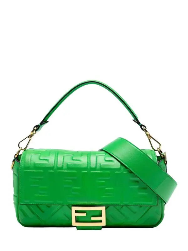 Fendi Zucca Embossed Leather Baguette Satchel - Green