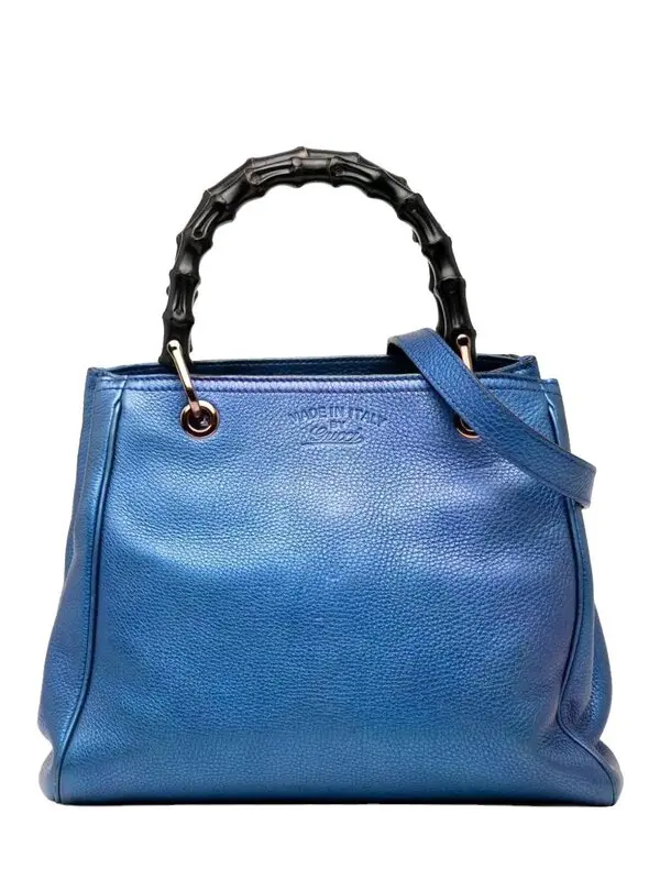 Gucci Metallic Calfskin Bamboo Shopper Satchel - Blue