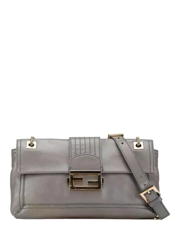 Fendi Glazed Leather Chain Flap Baguette Crossbody Bag - Grey