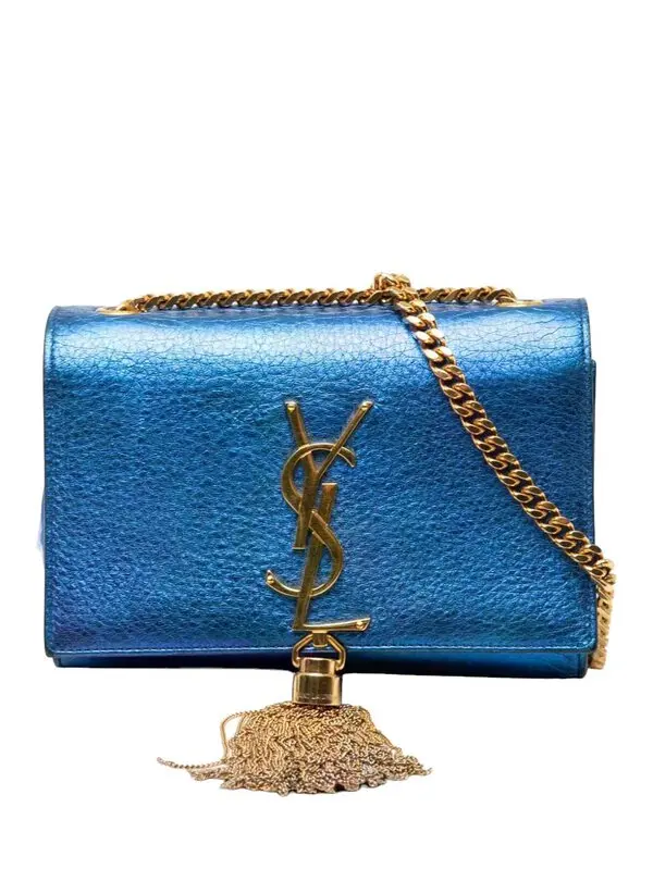 Saint Laurent 2014 Small Metallic Calfskin Monogram Kate Tassel Crossbody Bag - Blue