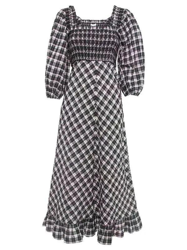 GANNI Smocked Plaid Midi Dress - Black