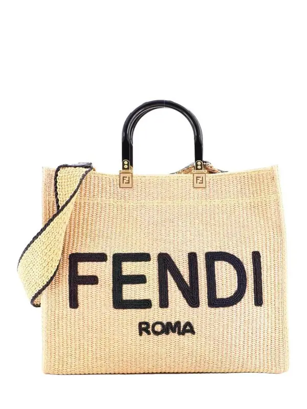 Fendi Sunshine Shopper Woven Raffia Medium Tote Bag - Neutrals