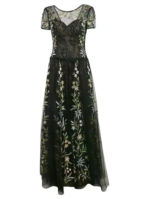 BASIX II VINTAGE Floral Embroidery Tulle Dress - Black