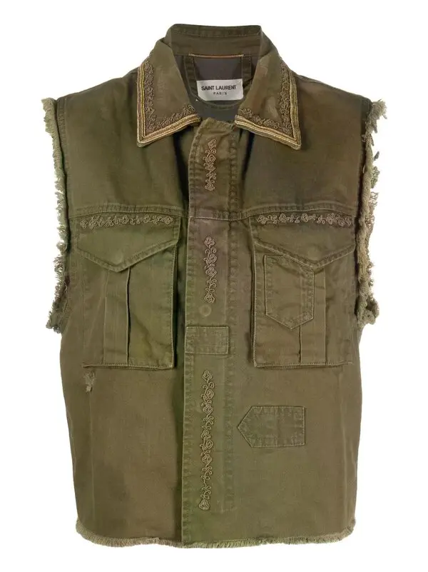 Saint Laurent Embroidered Frayed Gilet - Green