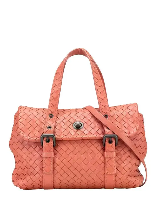 Bottega Veneta Leather Intrecciato Flap Satchel - Orange