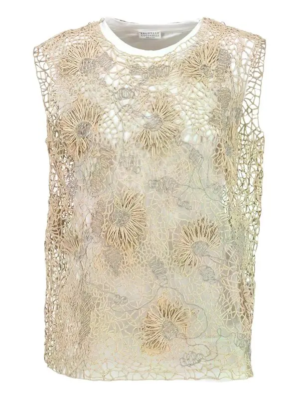 Brunello Cucinelli Floral-embroidered T-shirt - Neutrals