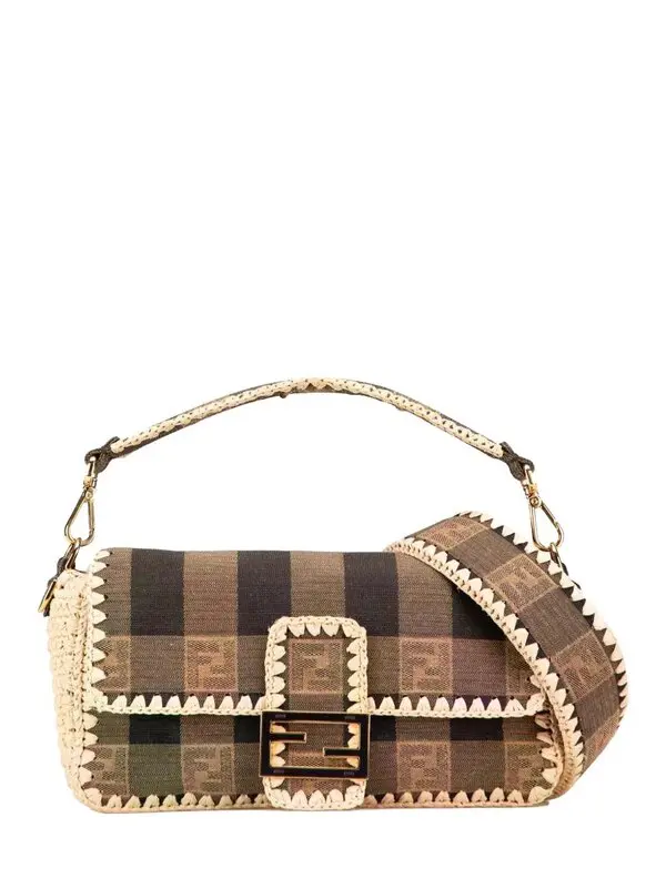 Fendi Pequin Gingham Canvas And Raffia Baguette Satchel - Brown