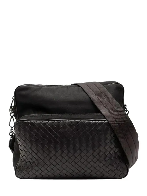 Bottega Veneta Nappa Intrecciato Trimmed Canvas Messenger Bag - Black