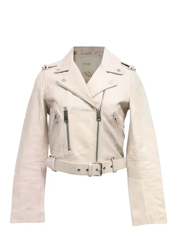 Maje Zipped Belted Biker Jacket - Neutrals