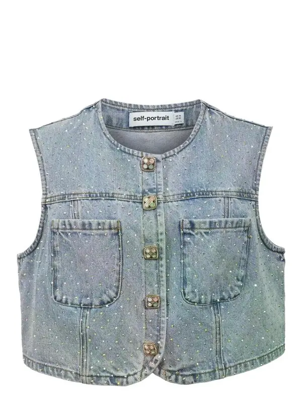SELF-PORTRAIT Rhinestone Button-up Denim Top - Blue