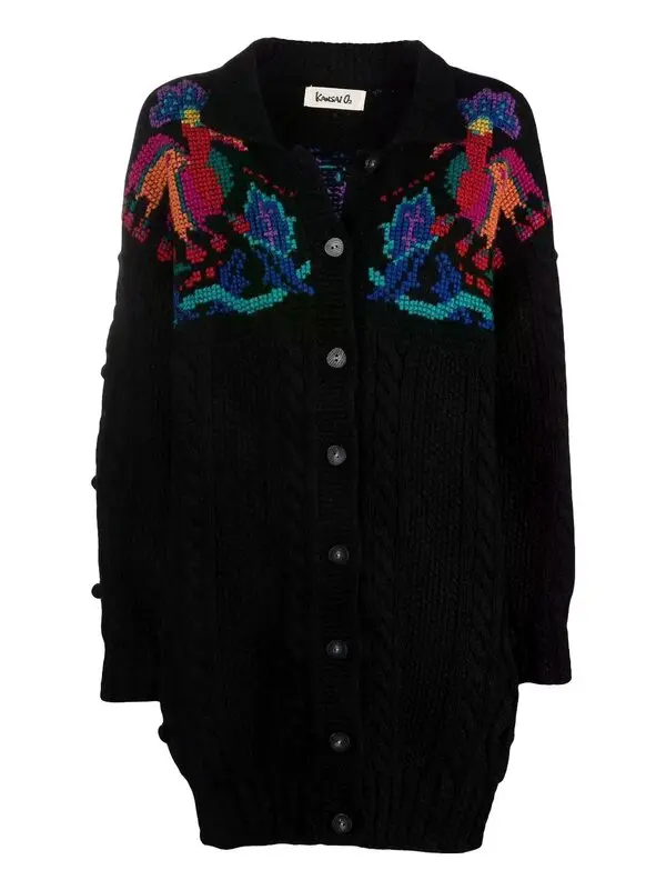 KANSAI YAMAMOTO 1990s Intarsia Detailing Elongated Cardigan - Black