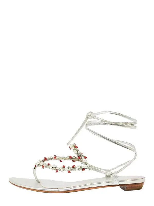 SERGIO ROSSI Pearl-embellished Leather Sandals - Grey