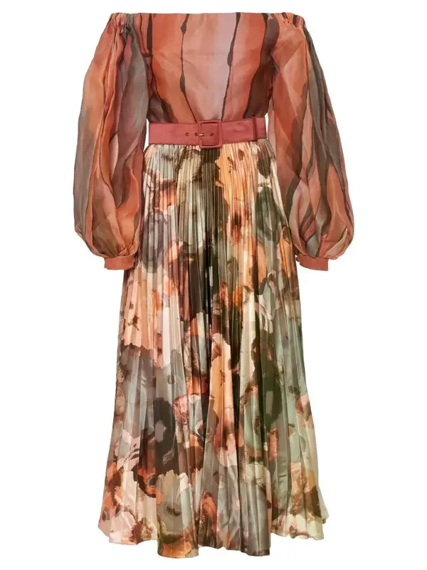 André Laug Vintage Floral-print Pleated Maxi Dress - Orange