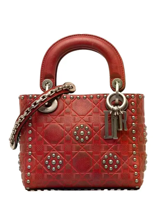 Dior Pre-owned 2017 Mini Embossed Calfskin Cannage Studded Supple Lady Satchel - Red