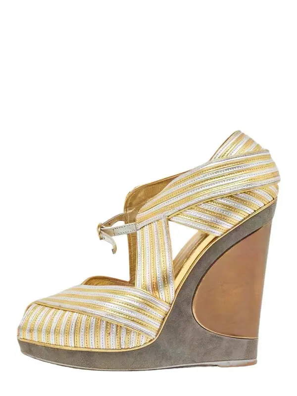 Saint Laurent Striped Metallic Wedge Sandals - Gold