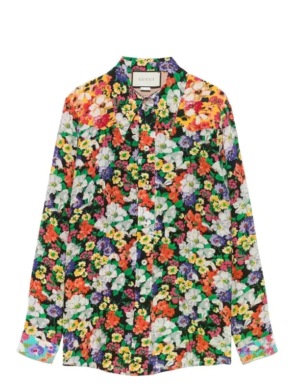 Gucci 2010s Floral Print Silk Georgette Crepe Shirt - Black