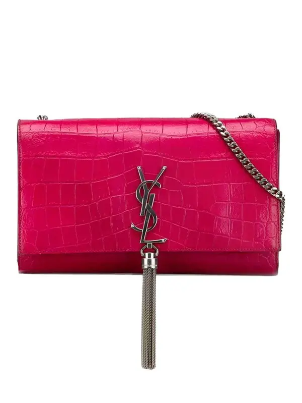 Saint Laurent 2015 Medium Croc Embossed Leather Kate Tassel Crossbody Bag - Pink