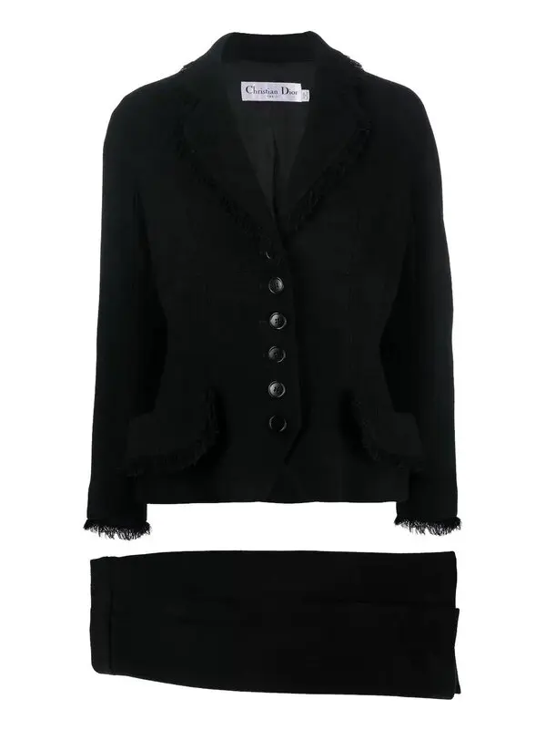 Dior 2010s Frayed Edge Wool Skirt Suit - Black
