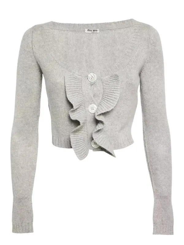 Miu Miu Ruffled Ribbed-knit Cardigan - Grey