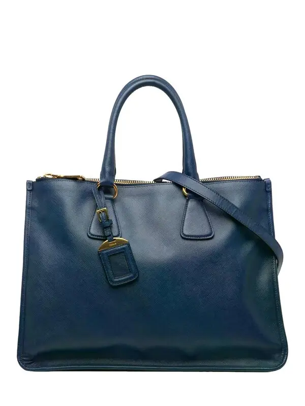 Prada Saffiano Double Zip Open Convertible Tote Satchel - Blue