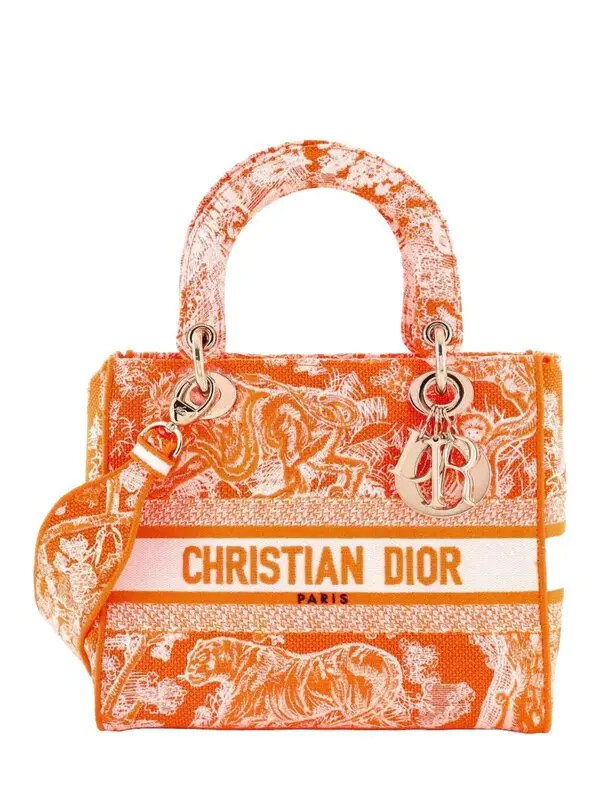 Dior Toile De Jouy Lady D-lite Embroidered Canvas Tote Bag - Orange
