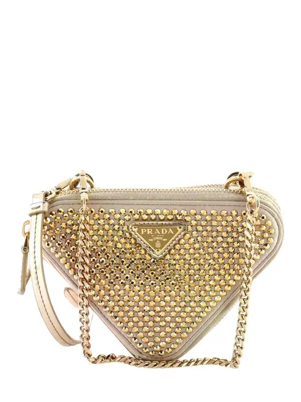 Prada Triangle Double Pouch Crystal Embellished Satin Mini Crossbody Bag - Neutrals