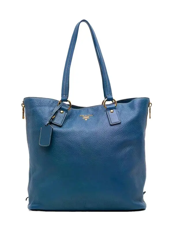 Prada Vitello Daino Side Zip Shopper Tote Bag - Blue
