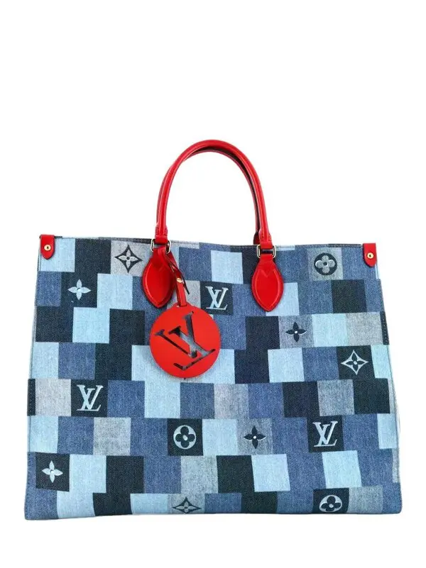 LOUIS VUITTON Onthego Damier And Monogram Patchwork Denim Gm Tote Bag - Blue