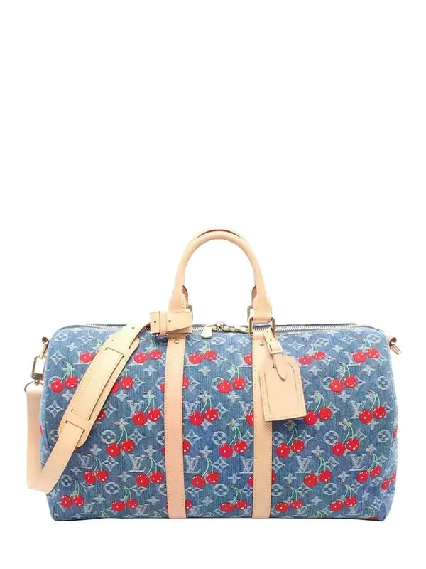 LOUIS VUITTON Takashi Murakami Monogram Cherry Denim Keepall Bandouliere 45 Travel Bag - Blue