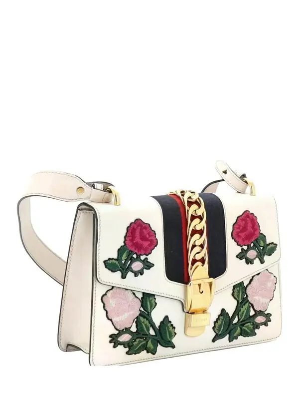 Gucci Sylvie Embroidered Leather Shoulder Bag - Neutrals