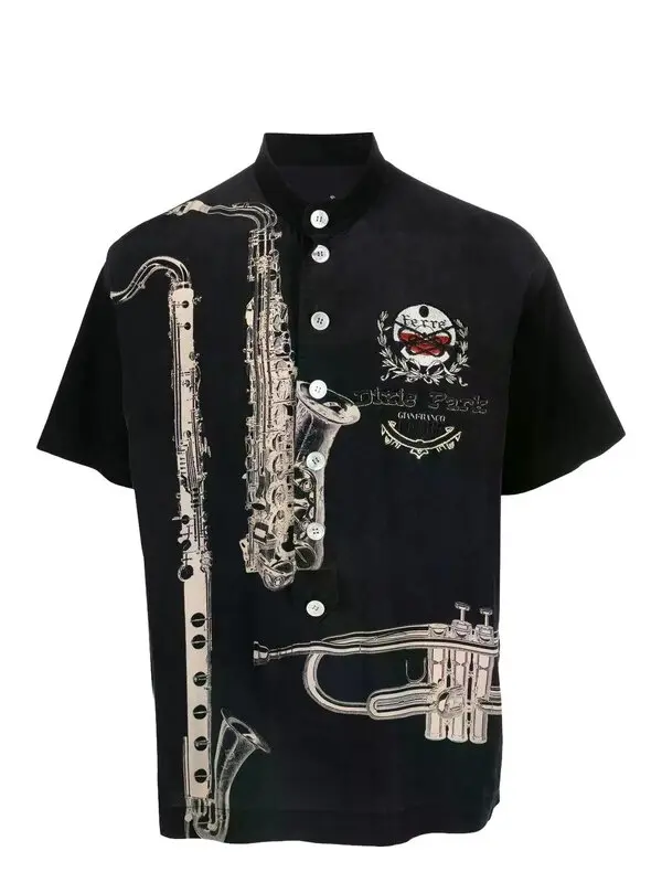 Gianfranco Ferre 1990s Saxophone-print Silk Shirt - Black