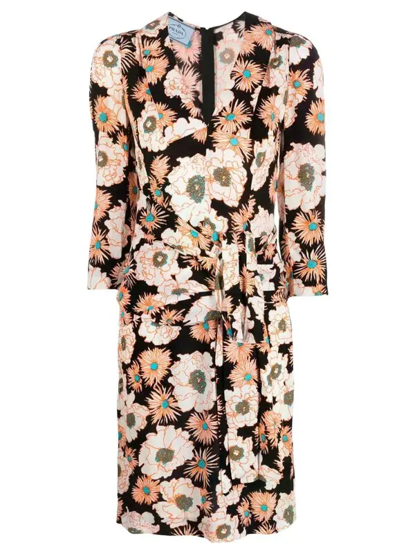 Prada 2000s Floral Wrap-around Dress - Black
