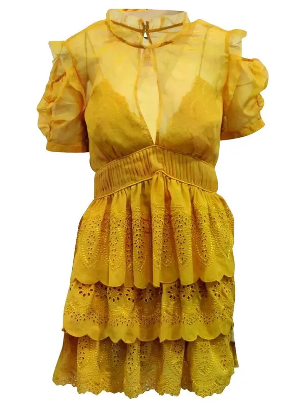 SELF-PORTRAIT Embroidered Tiered Mini Dress - Yellow
