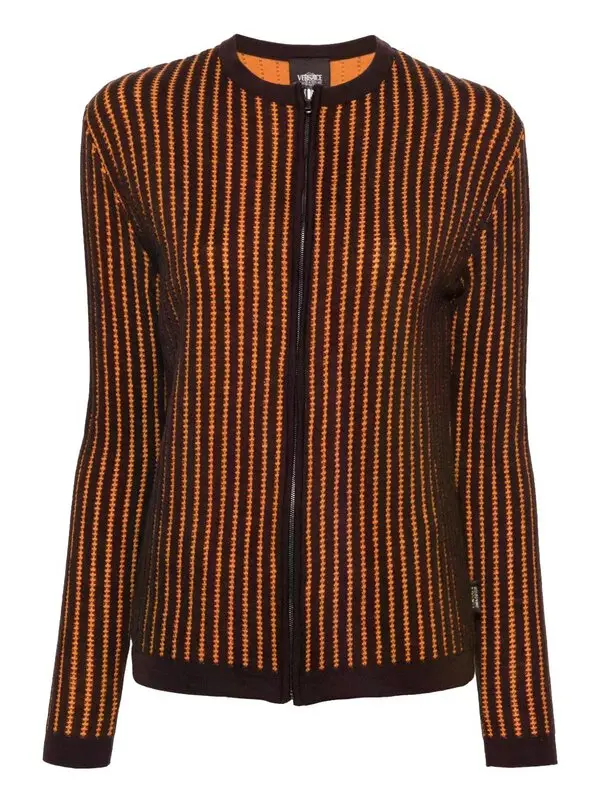 Versace 2000s Embroidered Zip-up Cardigan - Brown