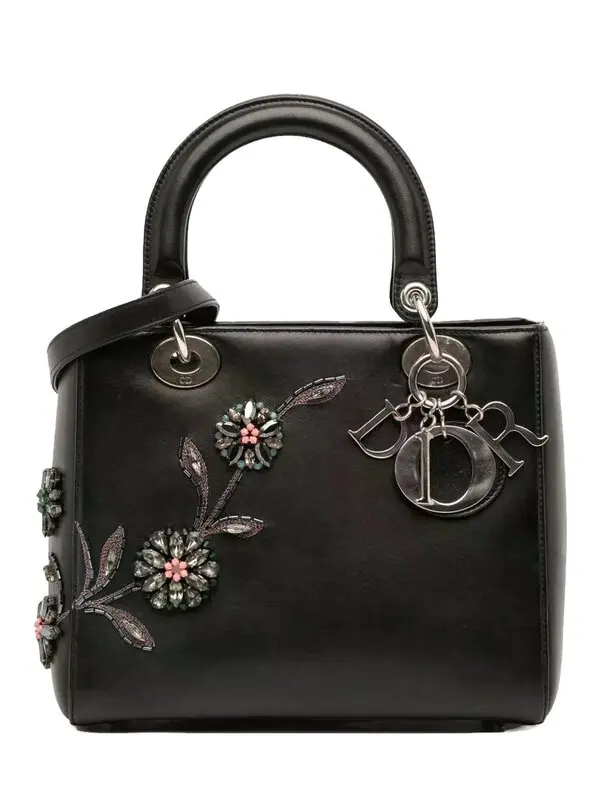 Dior Pre-owned 2014 Medium Beaded Floral Embellished Lambskin Lady Satchel - Black