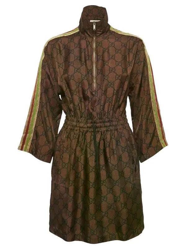 Gucci Gg Monogram Silk Dress - Brown